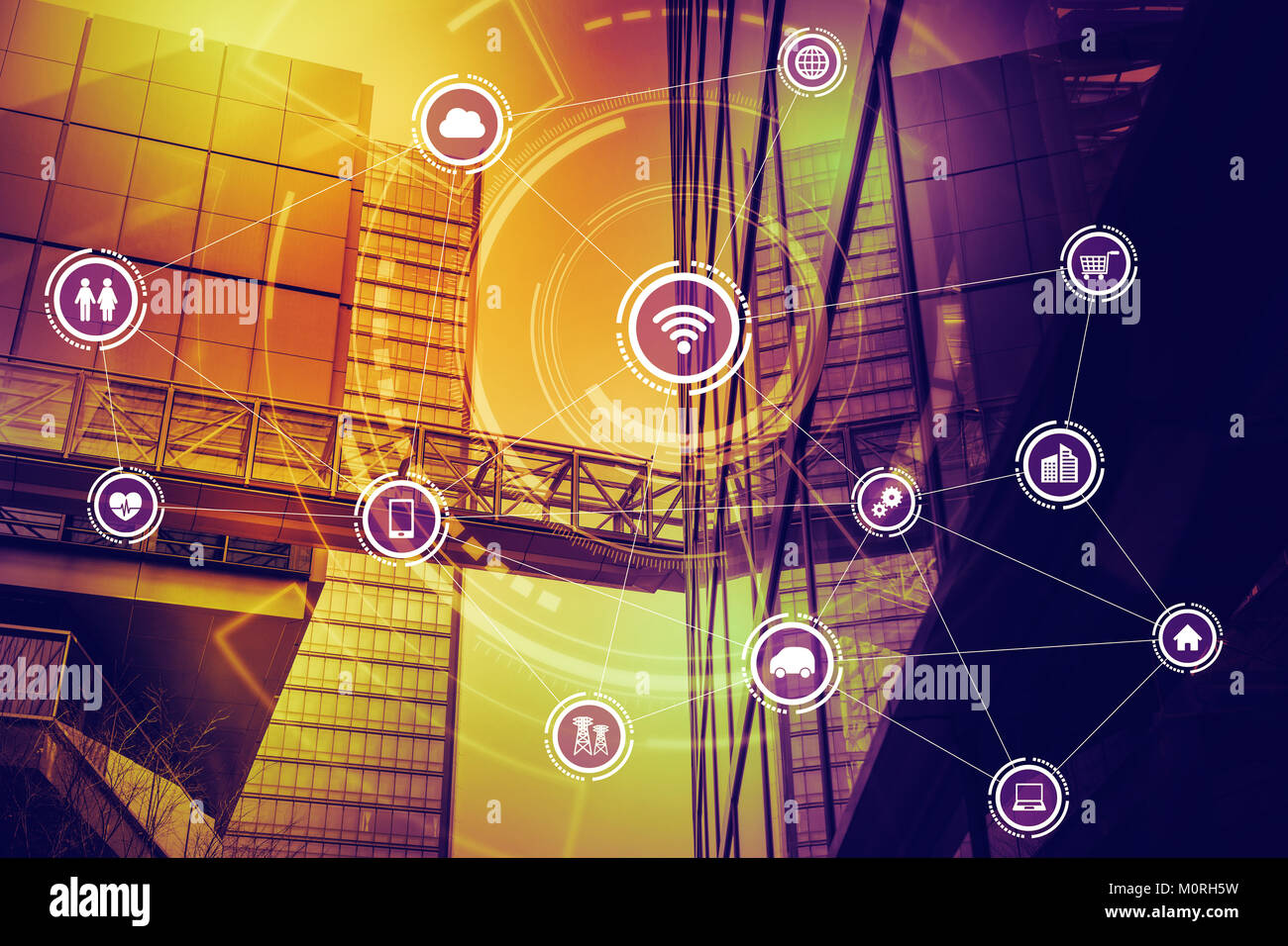 smart building and wireless communication network, abstract image ...