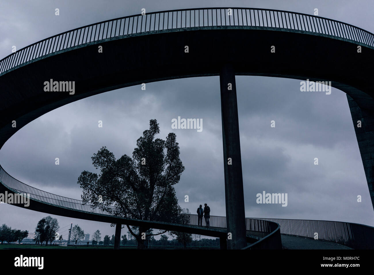 Two businessmen standing on dark bridge, having a meeting Stock Photo ...