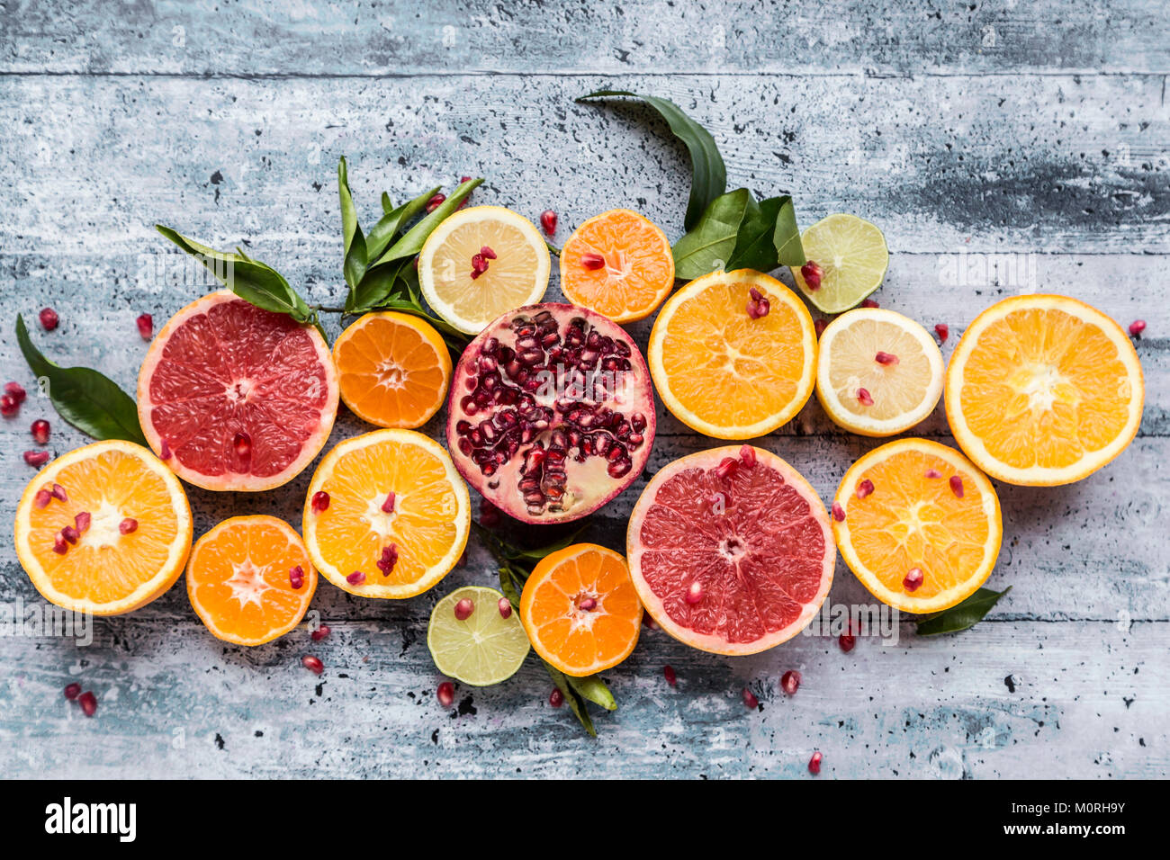 Various citrus fruits, orange, tangerine, grapefruit, lime, lemon and ...