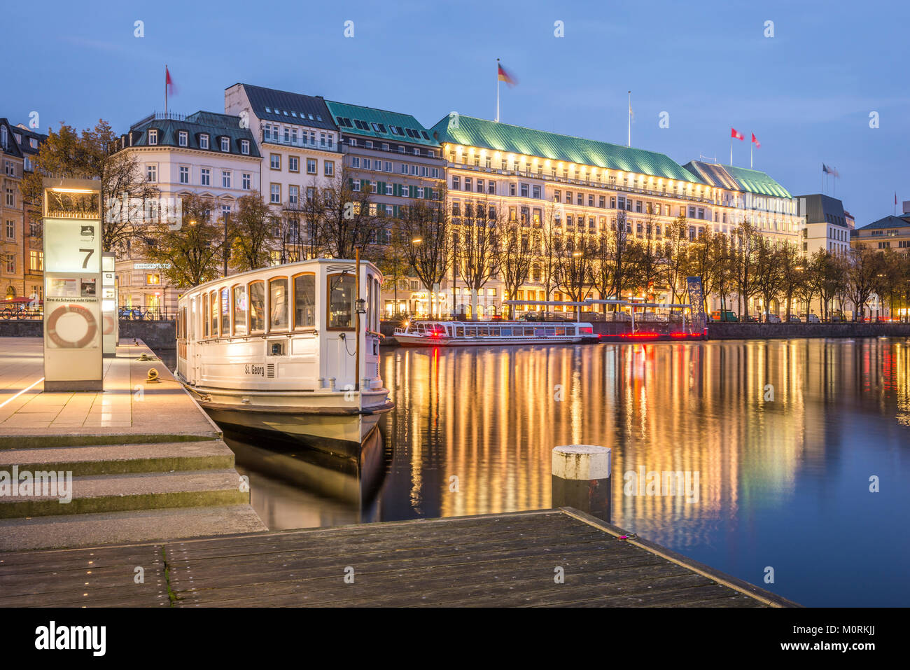 Germany, Hamburg, Inner Alster Lake, Hotel Vier Jahreszeiten, blue hour ...