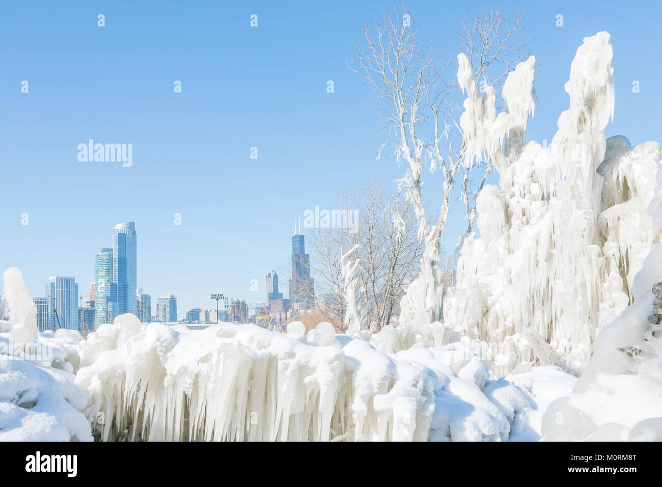 Frozen trees covered in ice by the lake Michigan in Chicago downtown ...