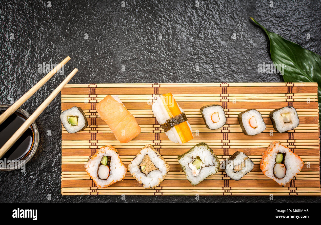 Traditional japanese sushi rolls hosomaki,uramaki, nigiri and ...