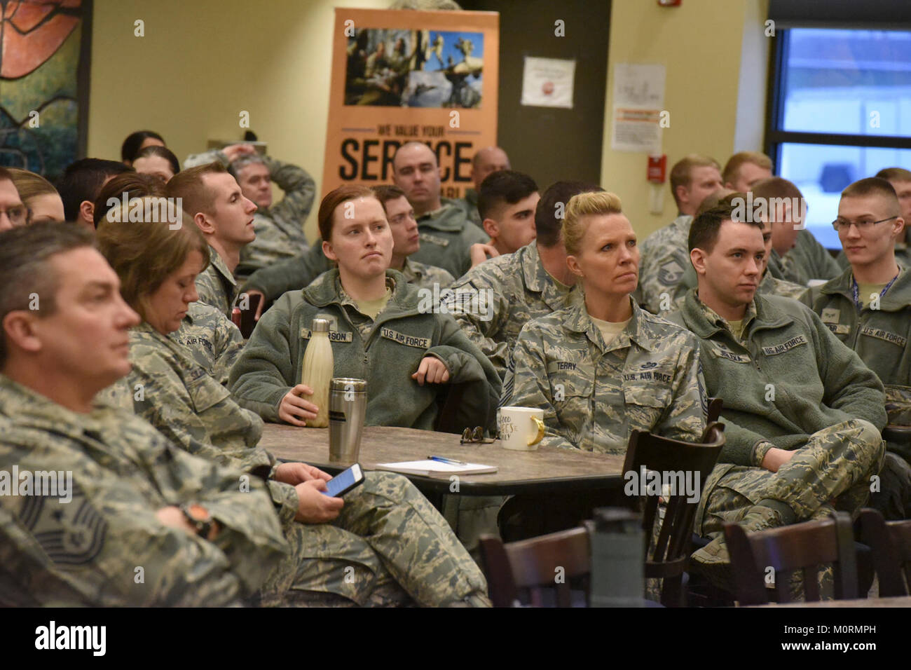 119th Wing members of the North Dakota Air National Guard listen to a ...