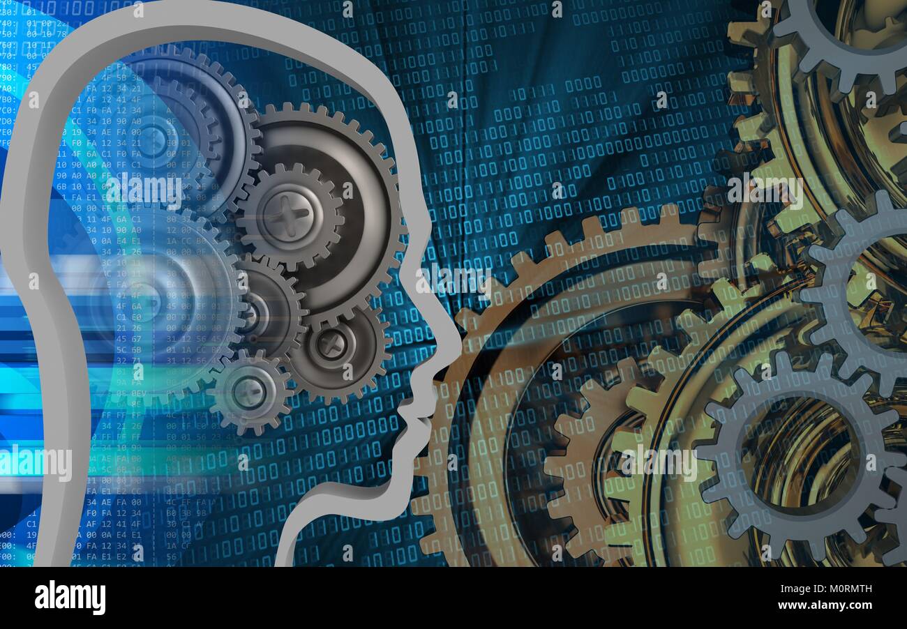 3d illustration of gear wheels over binary background with gears system ...