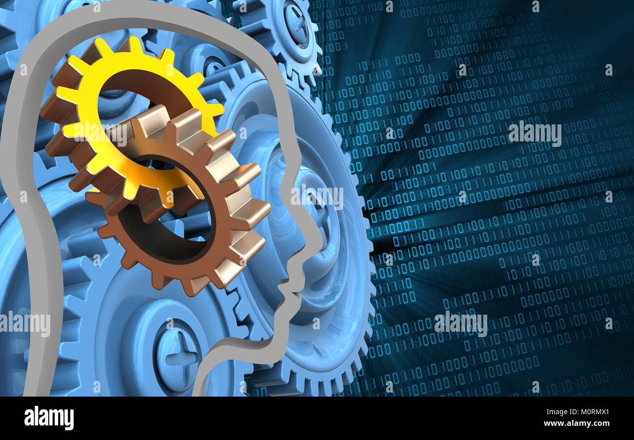 3d illustration of gears over binary background with blue gears Stock ...