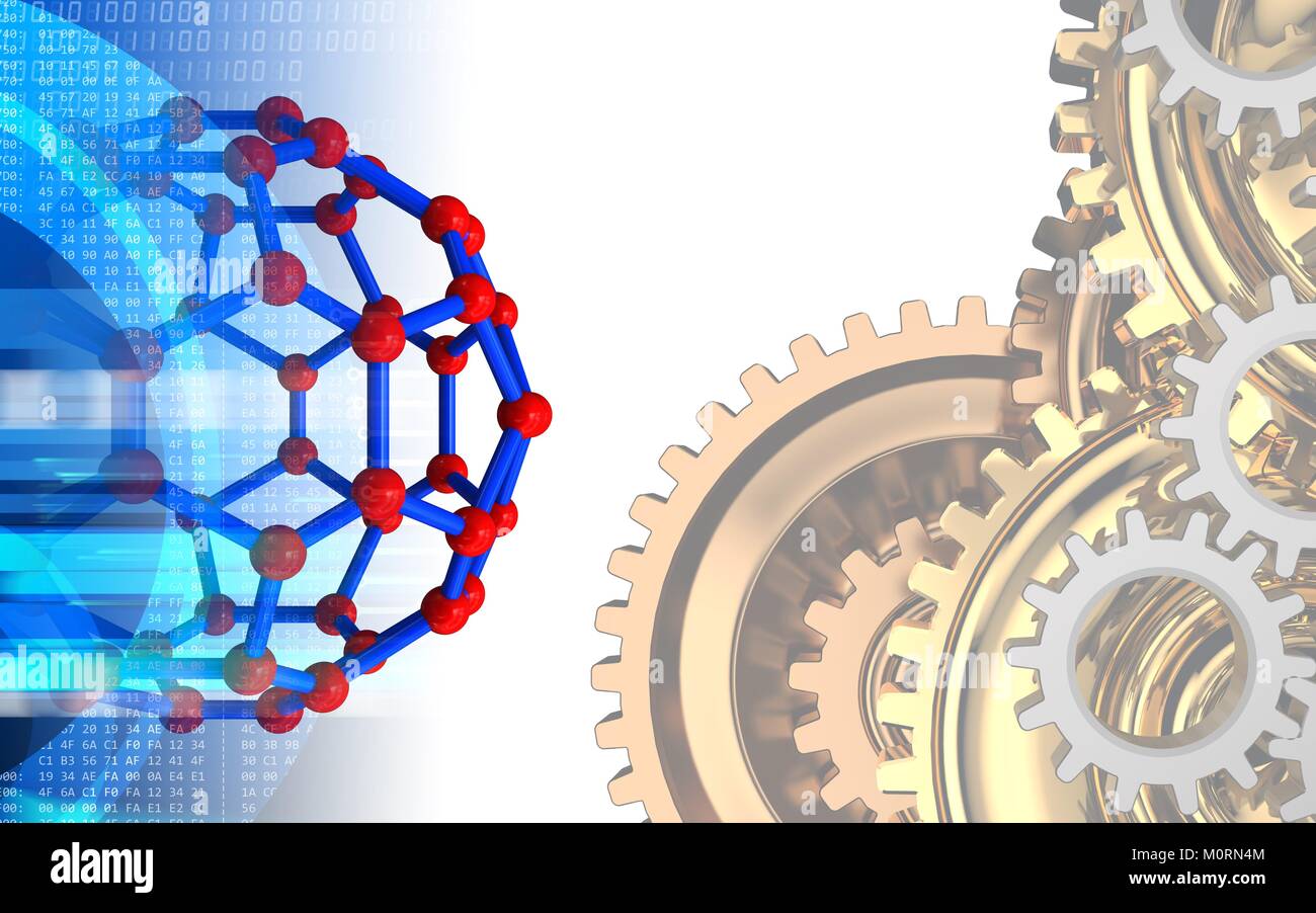 3d illustration of molecular structure over white background with gears ...