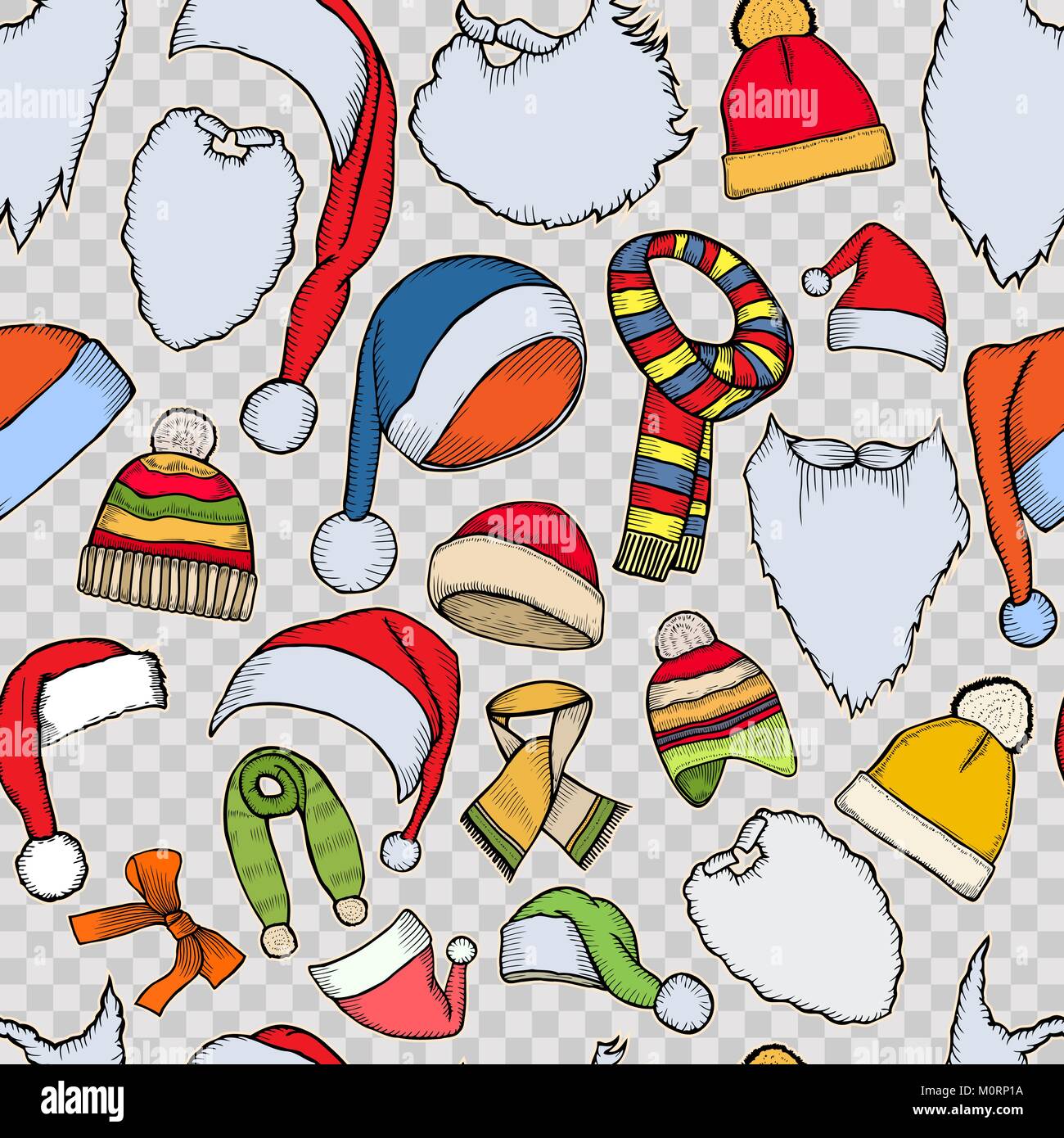 Christmas seamless texture with socks and red caps. Vector illustration ...