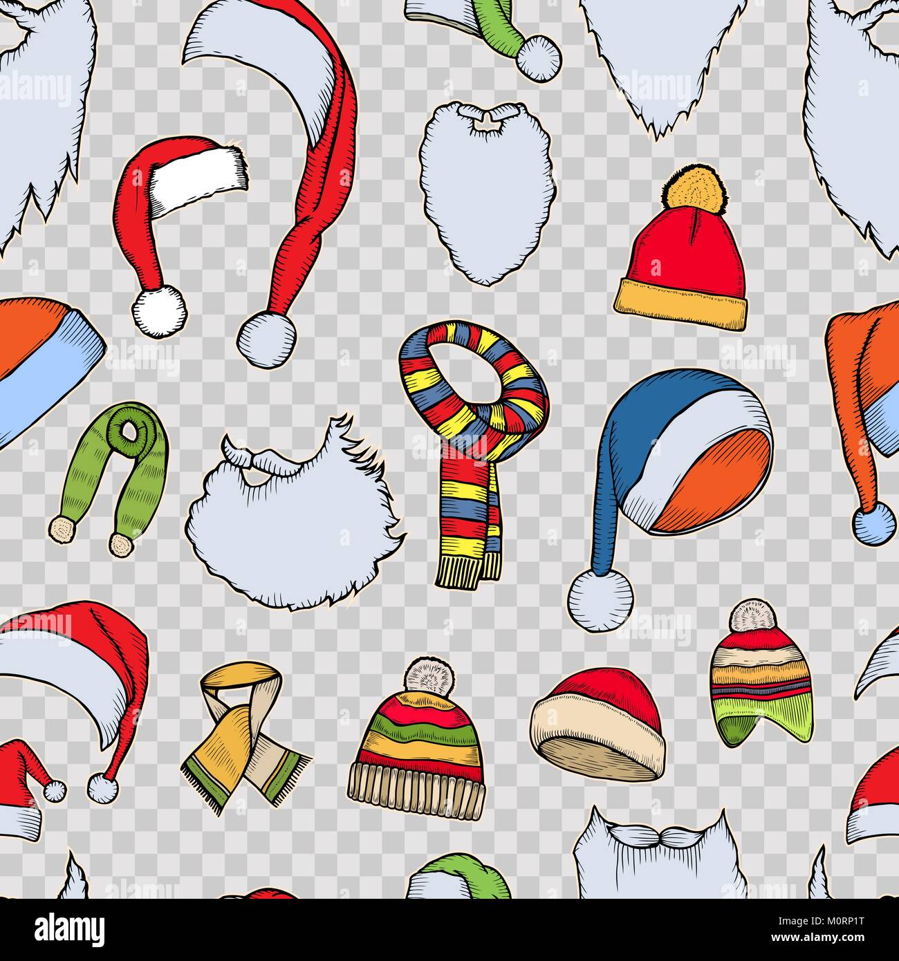 Christmas seamless texture with socks and red caps. Vector illustration ...