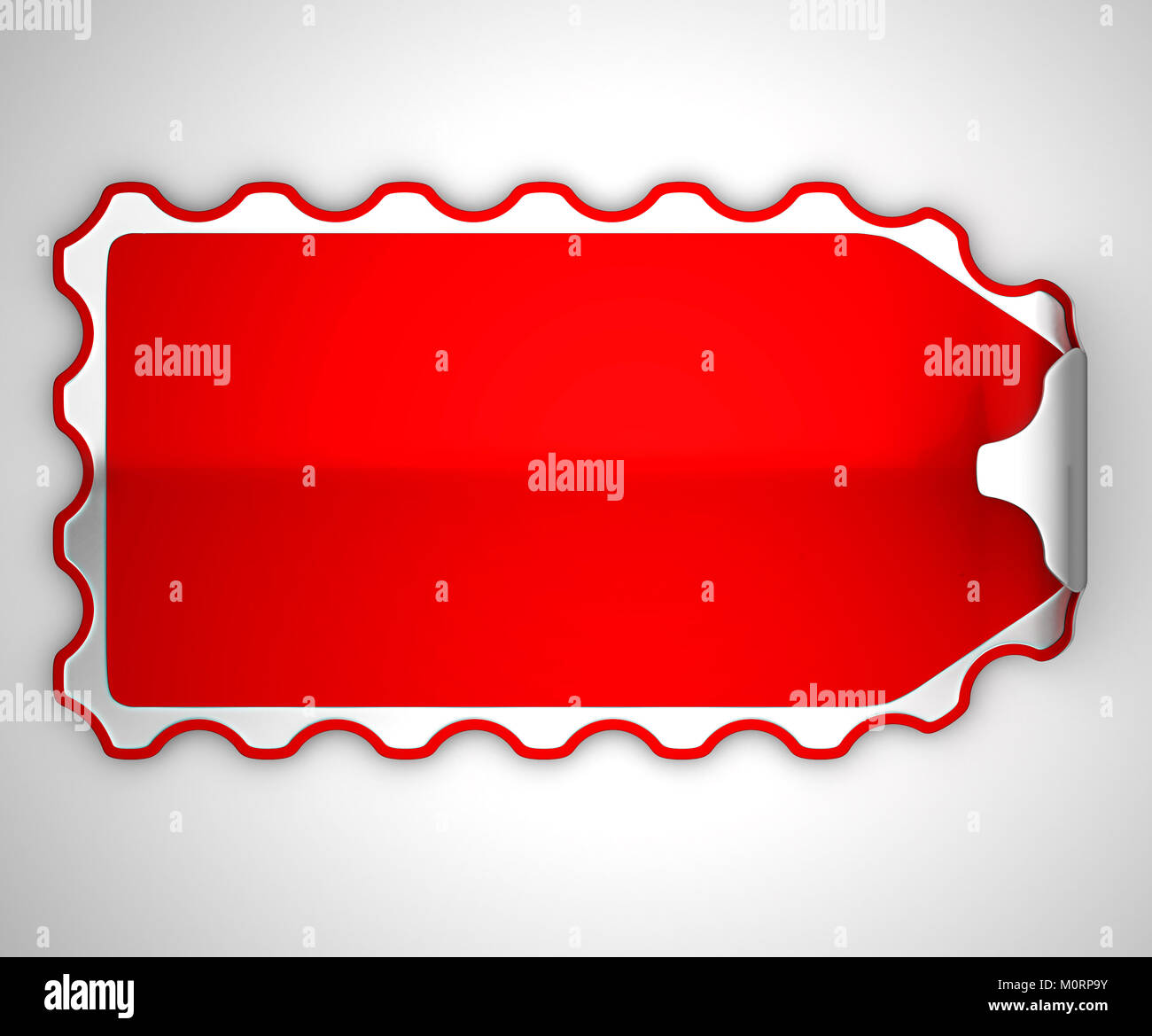 Red jagged bent sticker or label over grey spot light background Stock ...
