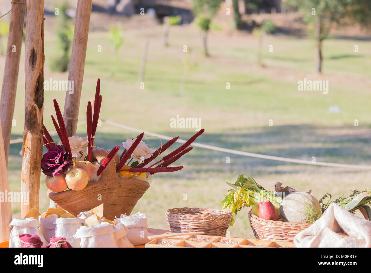 Table of food, bread, fruit and vegetables Stock Photo - Alamy