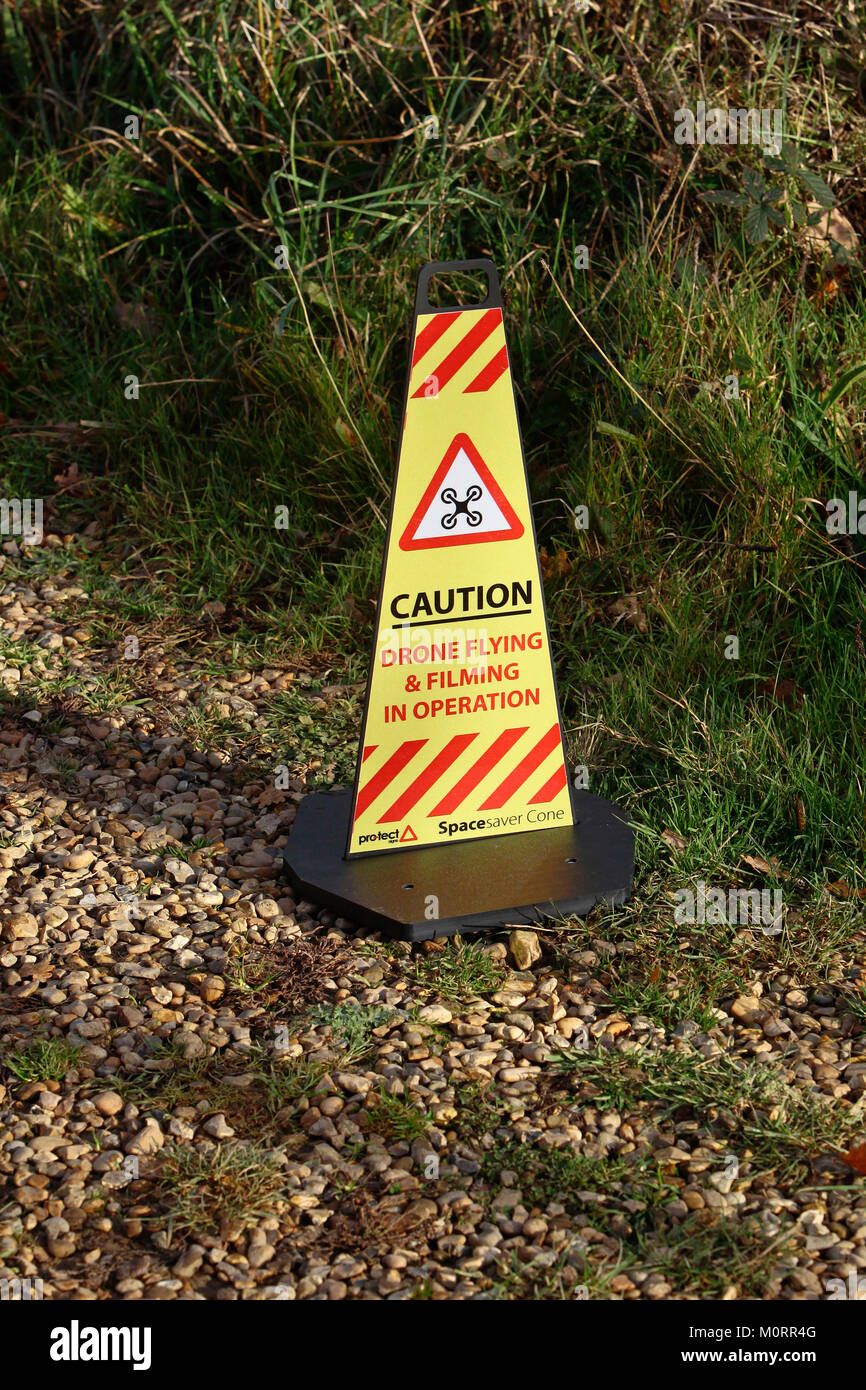 England, Kent, Warning cone, caution sign for drone in use Stock Photo ...