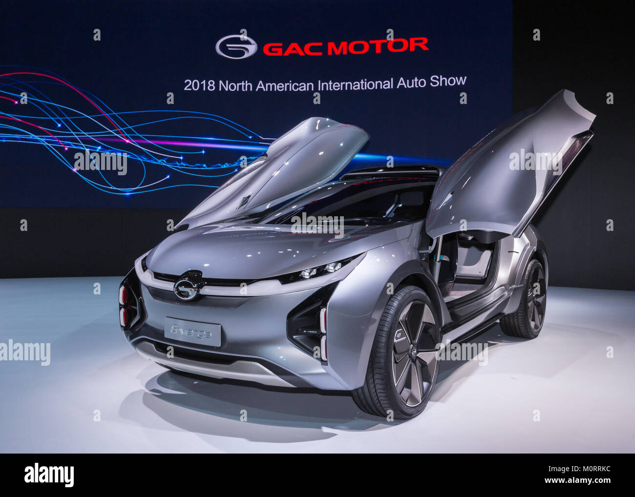 DETROIT, MI/USA - JANUARY 17, 2018: A GAC Enverge Concept car with gull ...