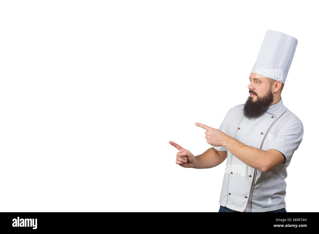 bearded chef cook pointing with his fingers isolated on white ...