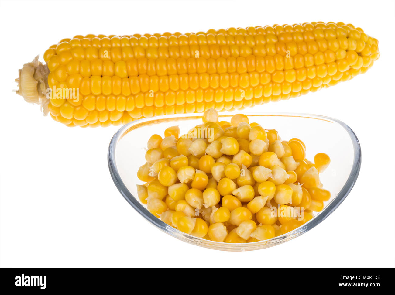 Boiled maize isolated on white background. Yellow corncob and pile of ...