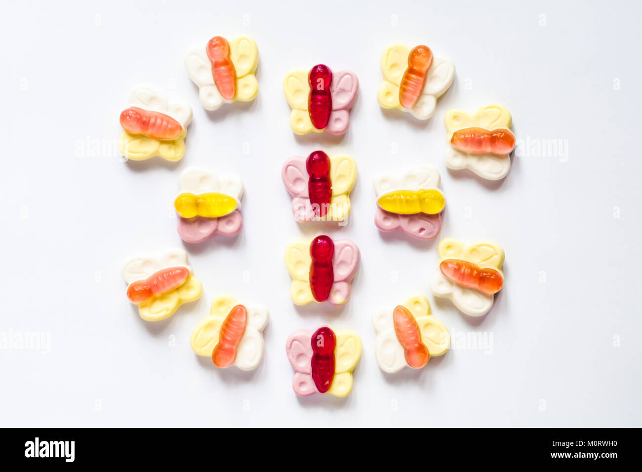 M&S Veggie Colin the Caterpillar sweets arranged as butterfly isolated ...
