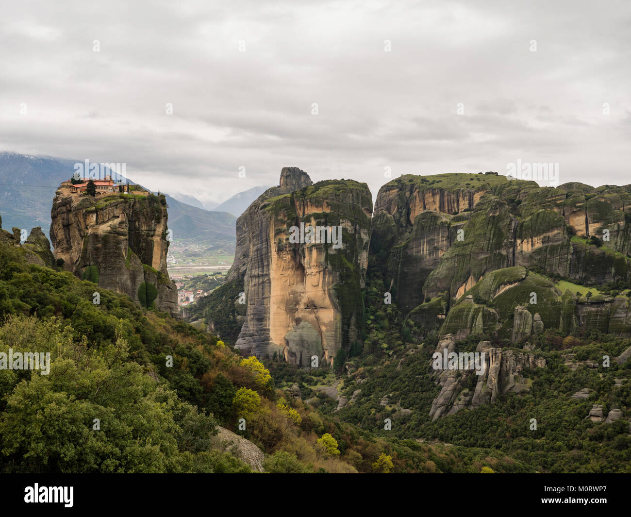 Landscape of Meteora with a monastery on top of the mountain in north ...