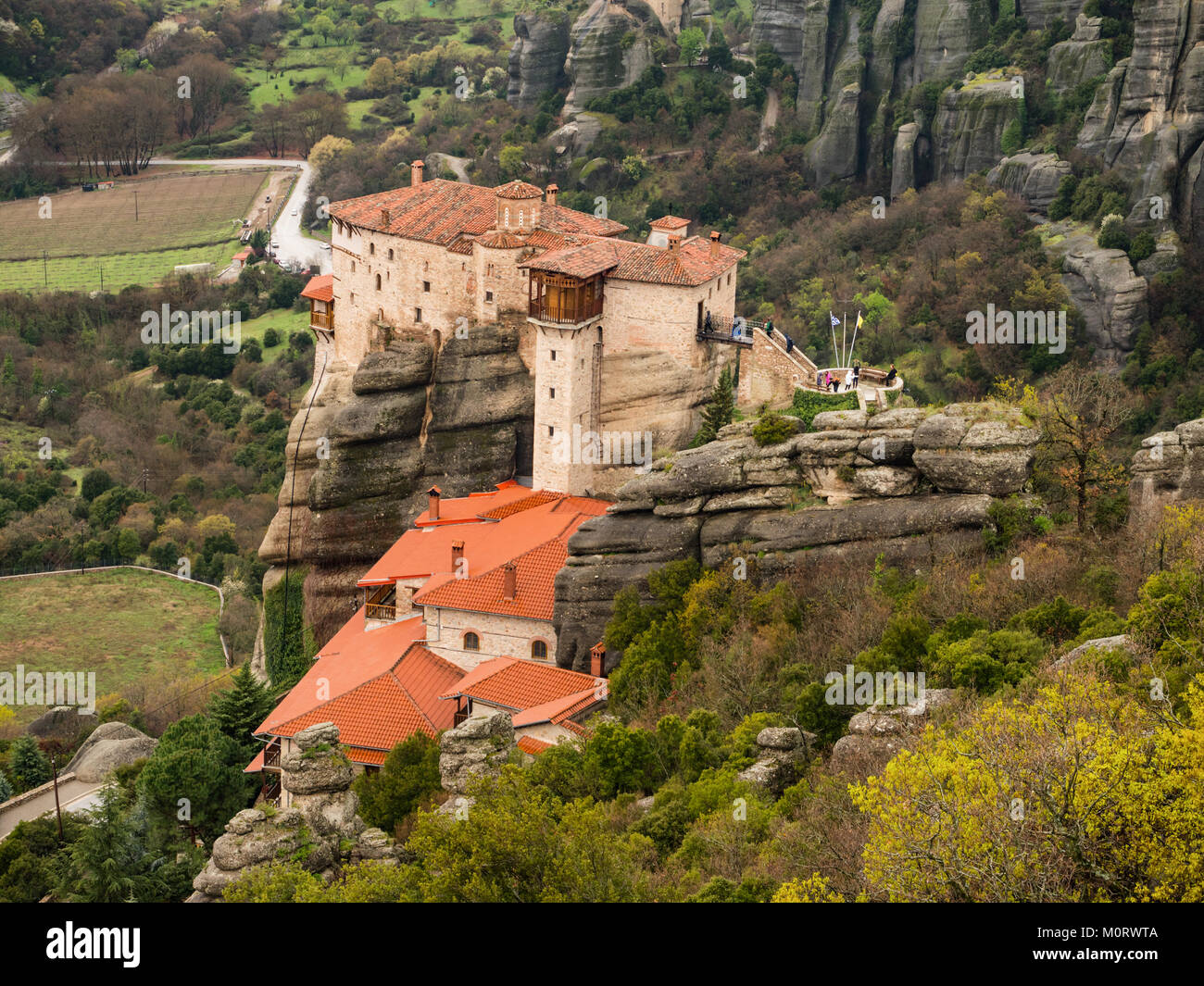 Landscape of Meteora with a monastery on top of the mountain in north ...