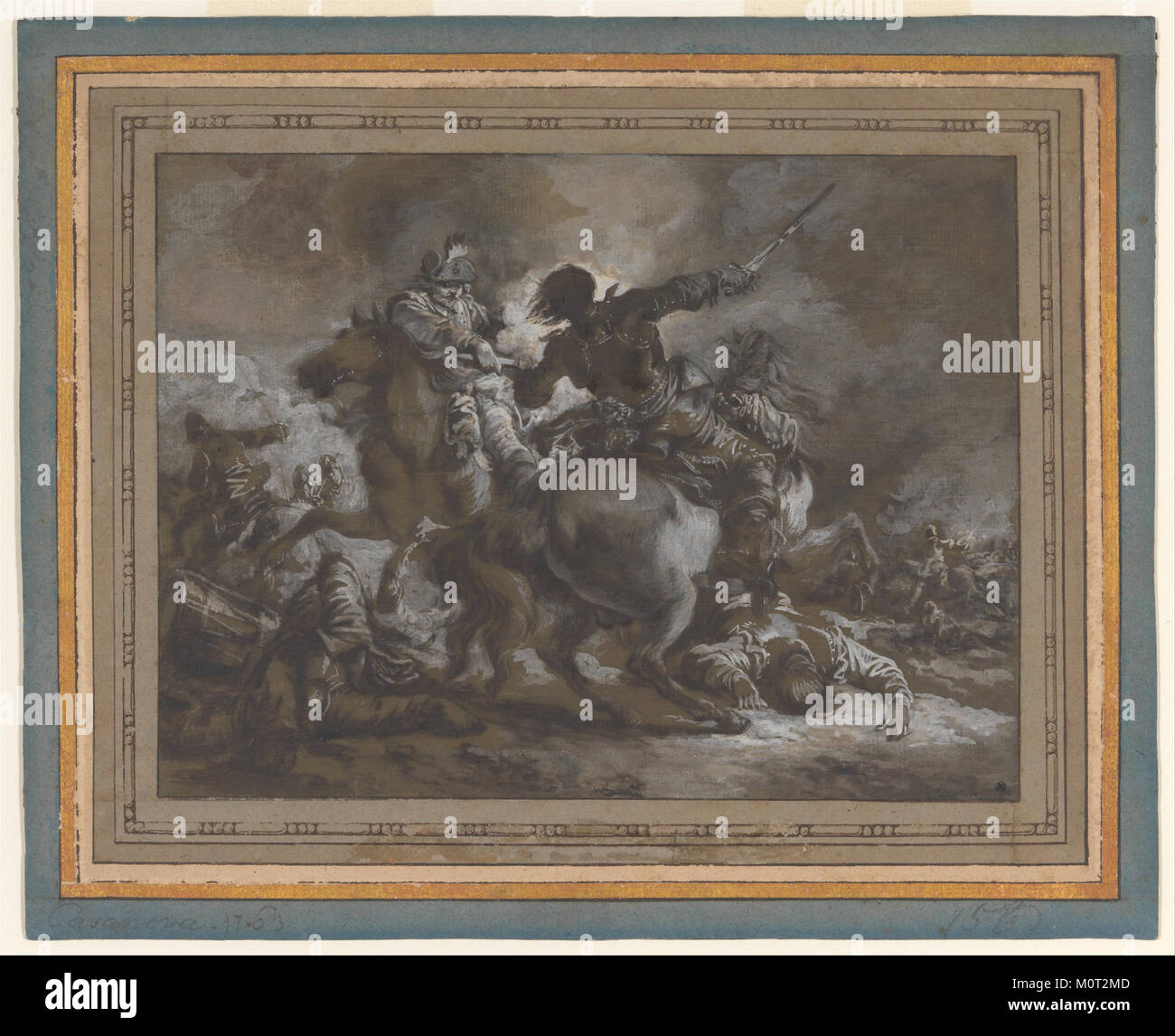 A painting depicting a cavalry skirmish, with a fallen drummer on the ...