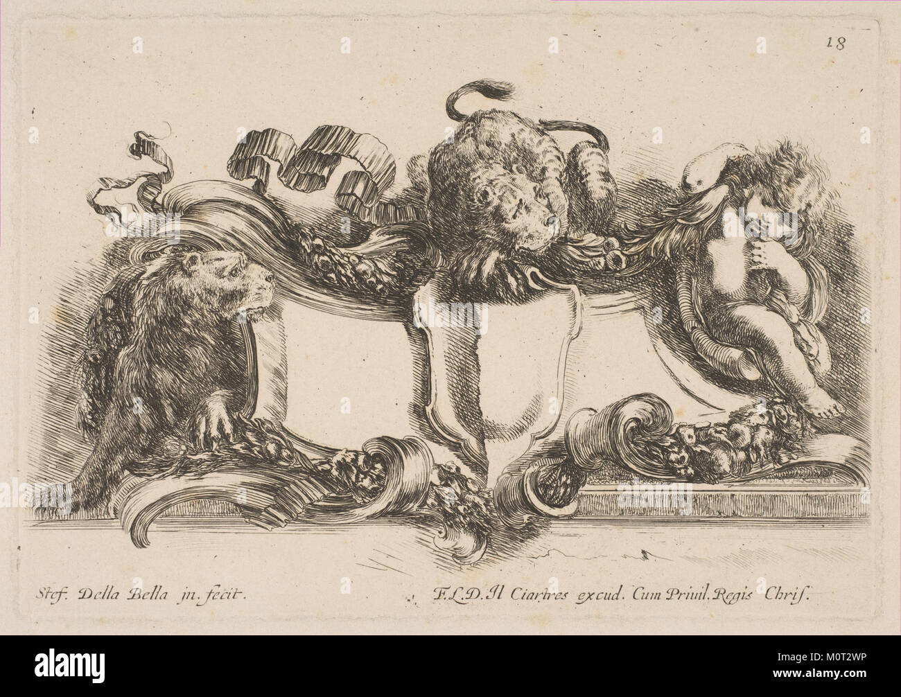 This ancient cartouche, containing an empty shield surmounted by a lion ...