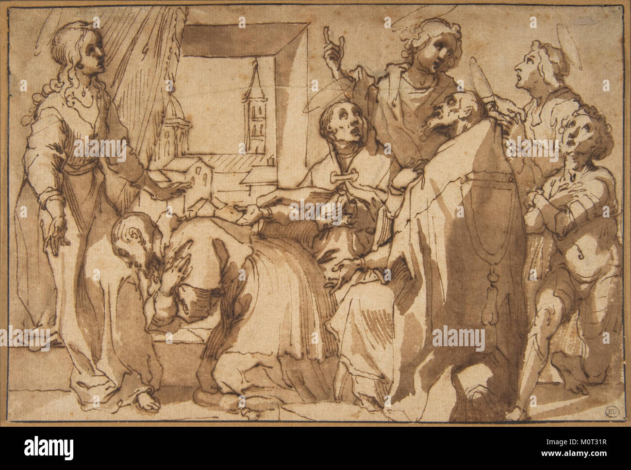 This artwork depicts Cardinal Paolo Sfondrato kneeling before Saint ...