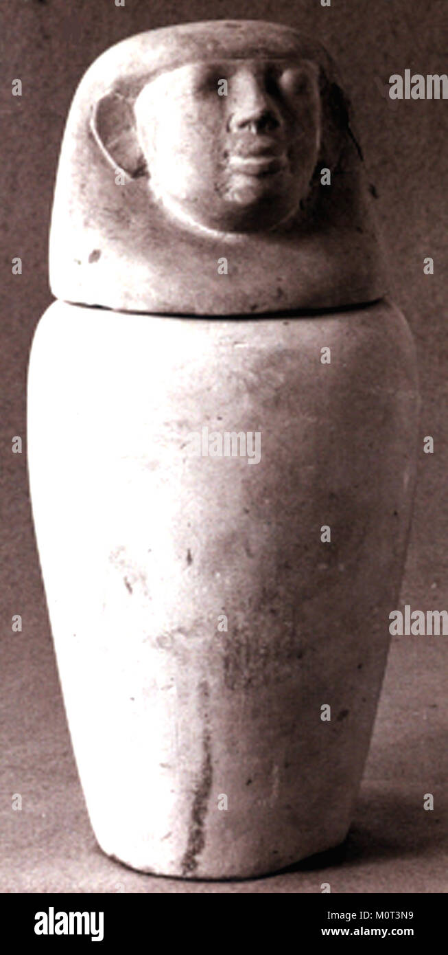 The canopic jar, featuring a human-headed lid of Imsety, is an ancient ...