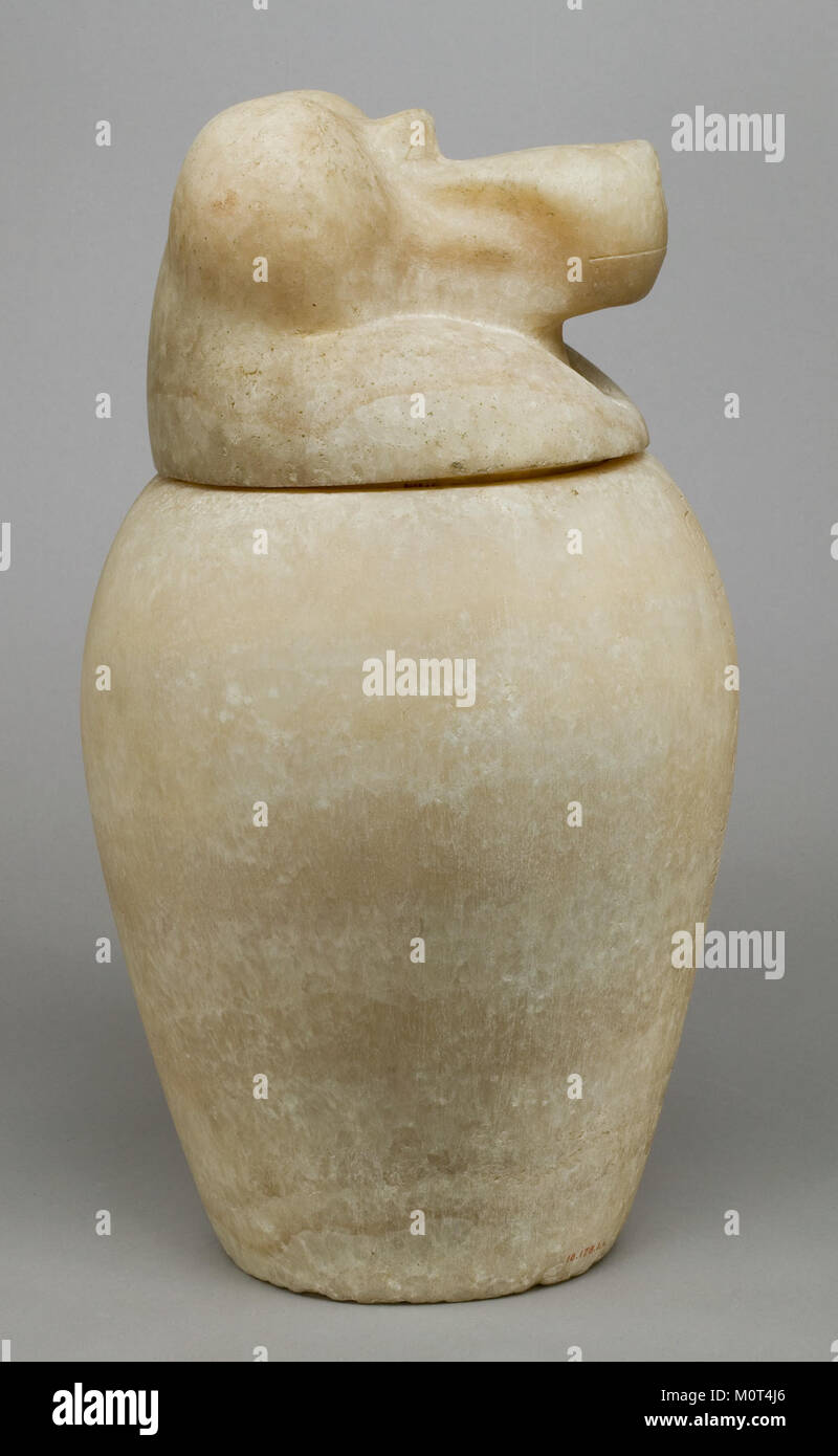 This canopic jar with a baboon-headed lid, identified as Hapy, is an ...