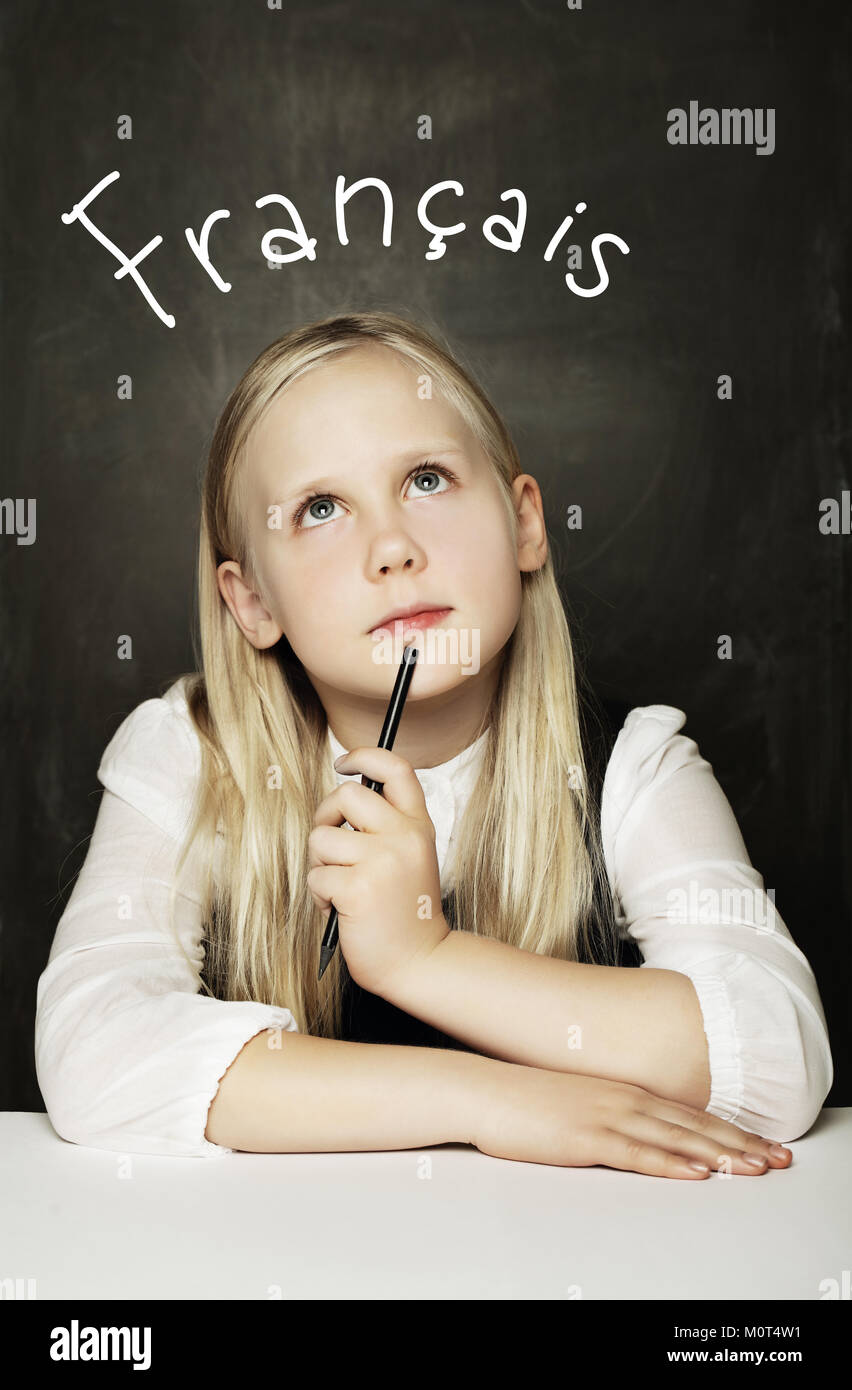 Child Girl Learning French on the School Classroom Blackboard ...