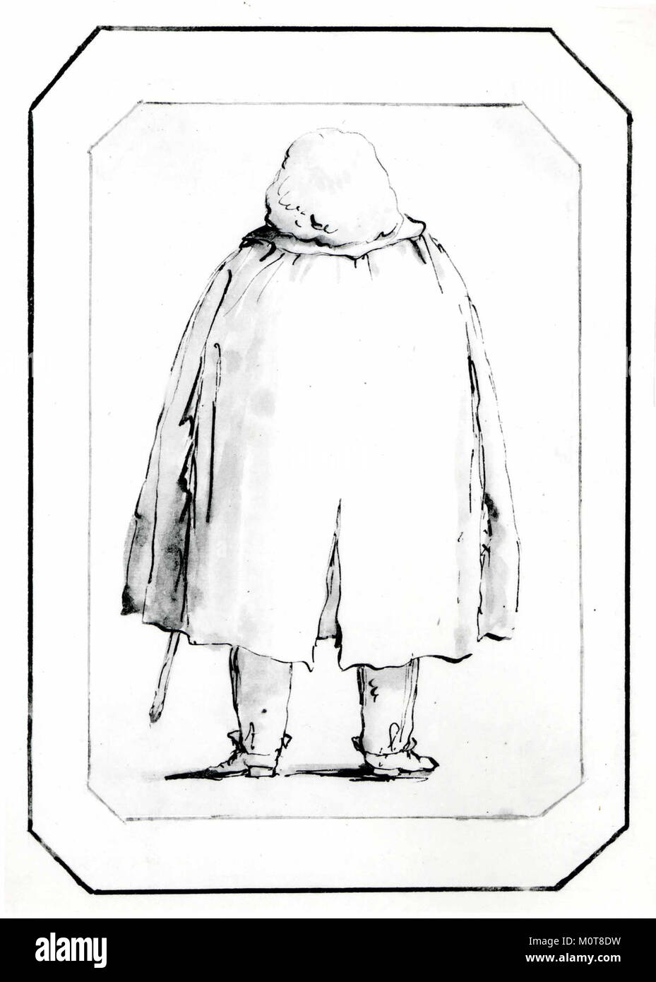 A satirical artwork depicting a man from behind, wearing a large cloak ...