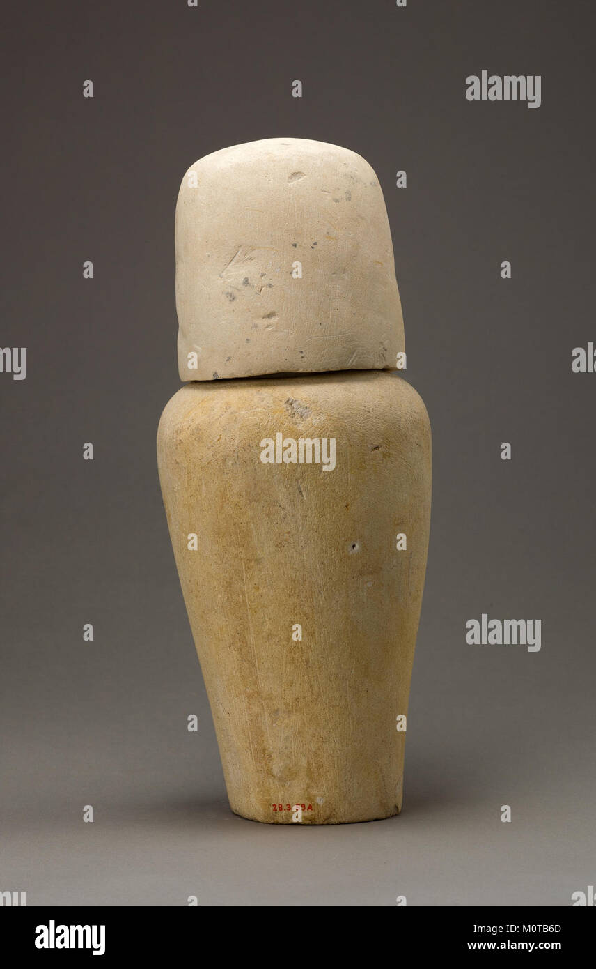 The Canopic jar, cataloged under MET 28.3.59a-b, is an ancient Egyptian ...