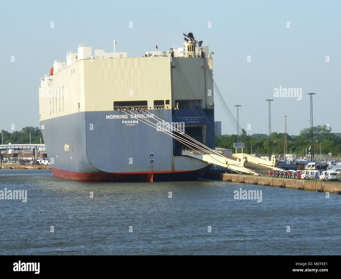 The rear view of the car carrier Morning Caroline showcases its design ...