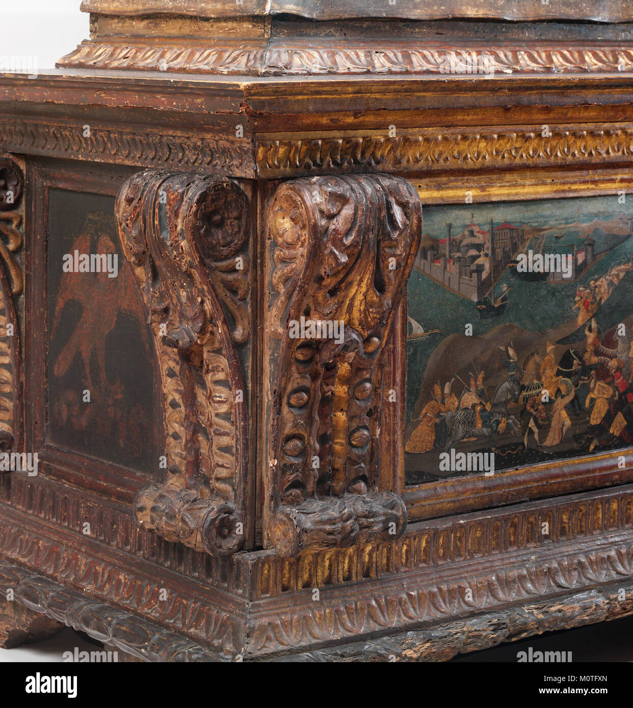 This cassone, a Renaissance wooden chest, features a painted front ...