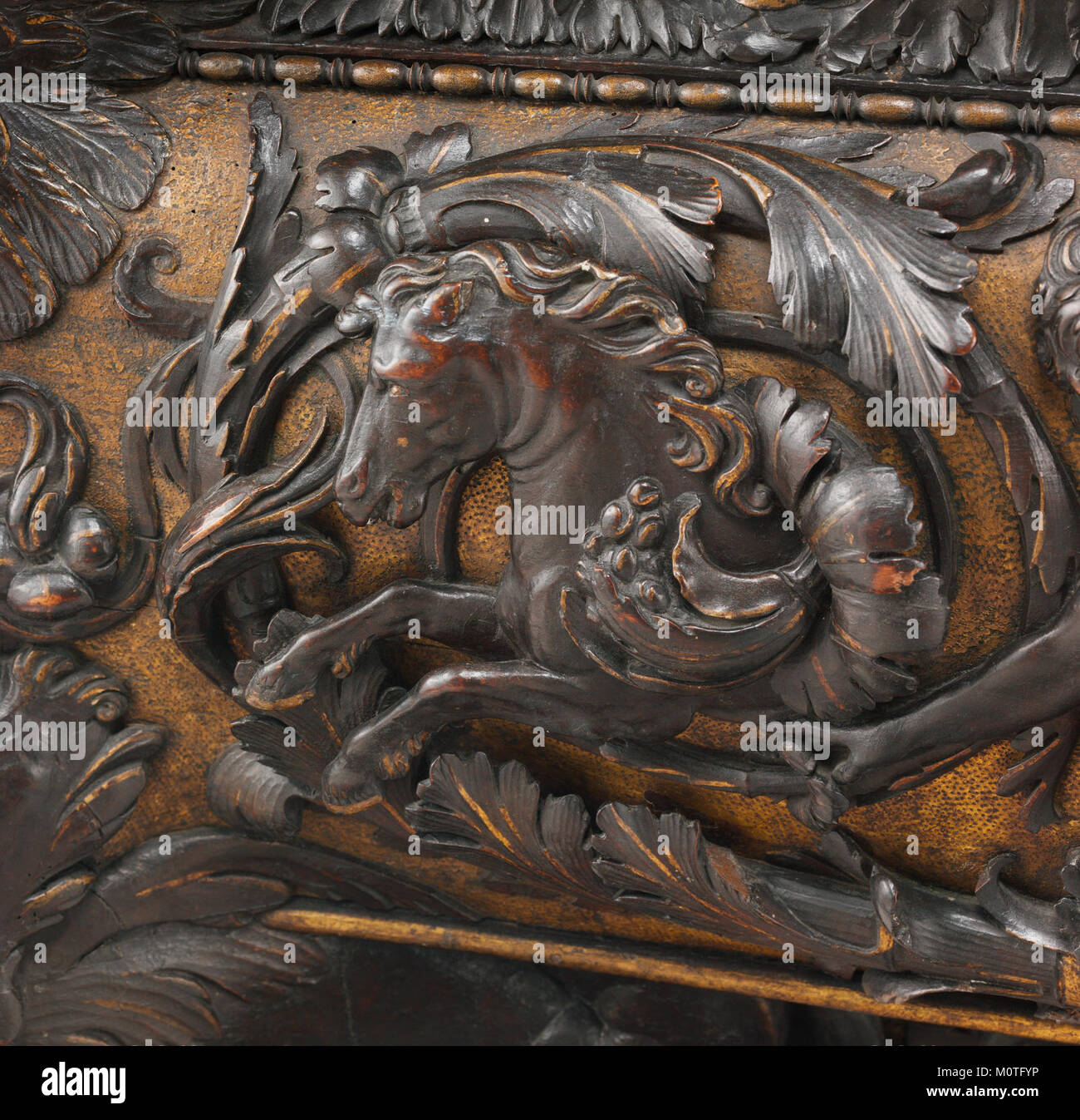 Cassone, a decorative wooden chest, part of a pair, displayed in the ...