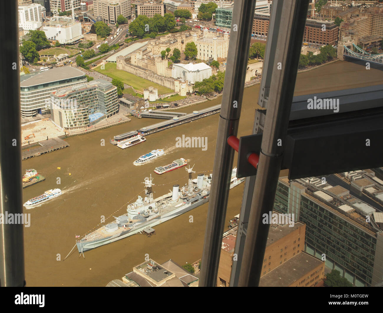A view looking down from The Shard to the Pool of London with HMS ...