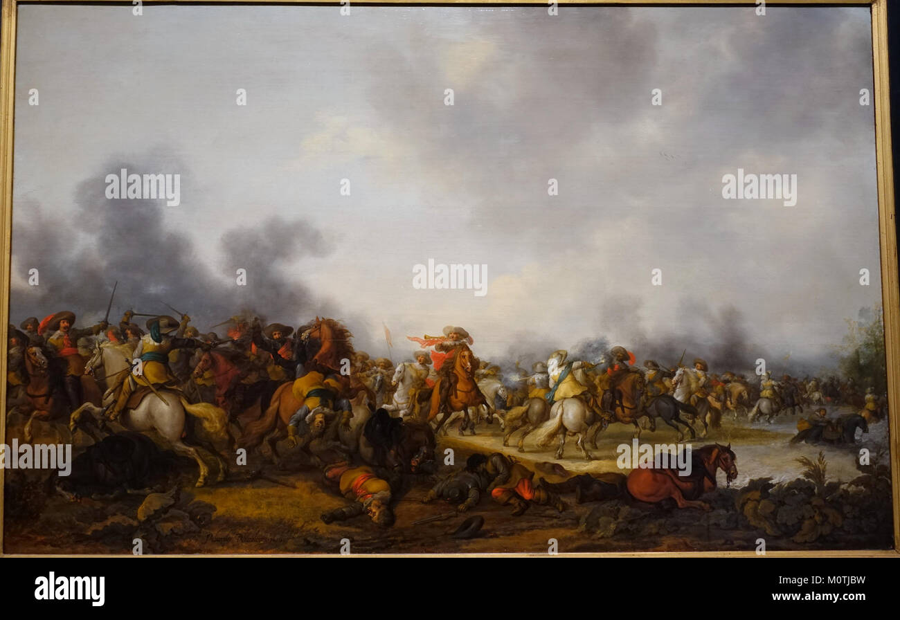 A 1636 oil painting by Palamedes Palamedesz depicting a cavalry combat ...
