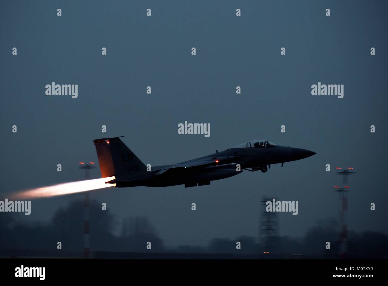 A 493rd Fighter Squadron F-15C Eagle takes off at Royal Air Force Lakenheath, England, Jan. 9 ...