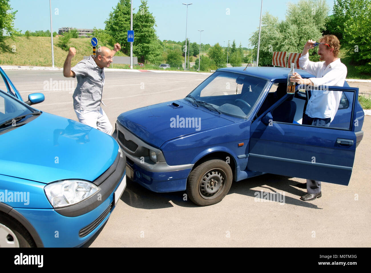 accident two cars, angry businessman and drunk man holding a bottle ...