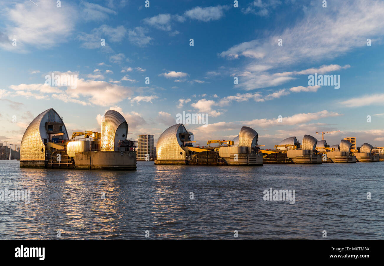 The Thames Flood Barriers in East London at Sunset, January 2018 Stock ...