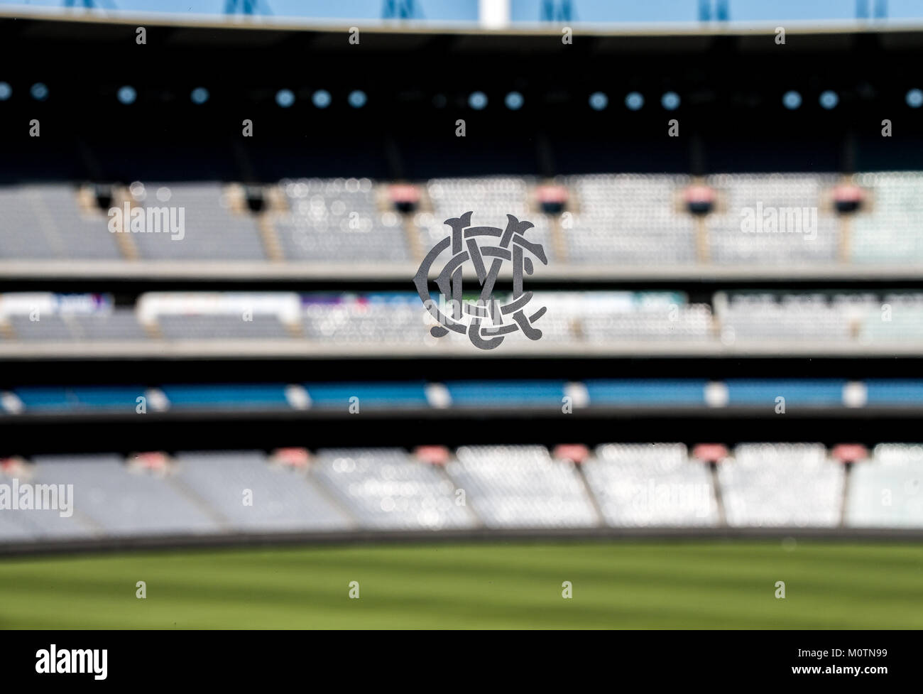 MCG logo on window at Melbourne Cricket Ground Stock Photo - Alamy