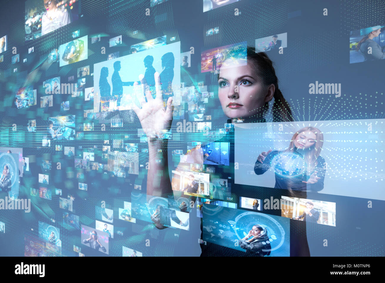 Young woman using futuristic interface. IoT(Internet of Things). ICT ...