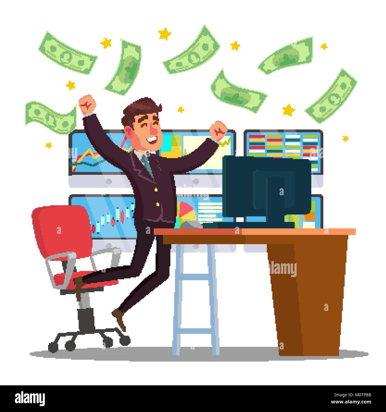 Professional Trader Vector. Online Working Trader With Monitor. Multiple Computer Screens. Flat ...