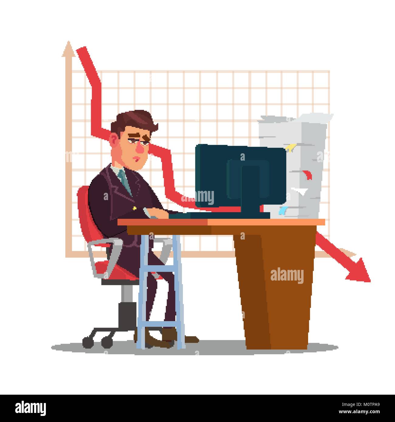 Unhappy Trader Man Vector. Trader Desk In Trader Room. Statistical ...