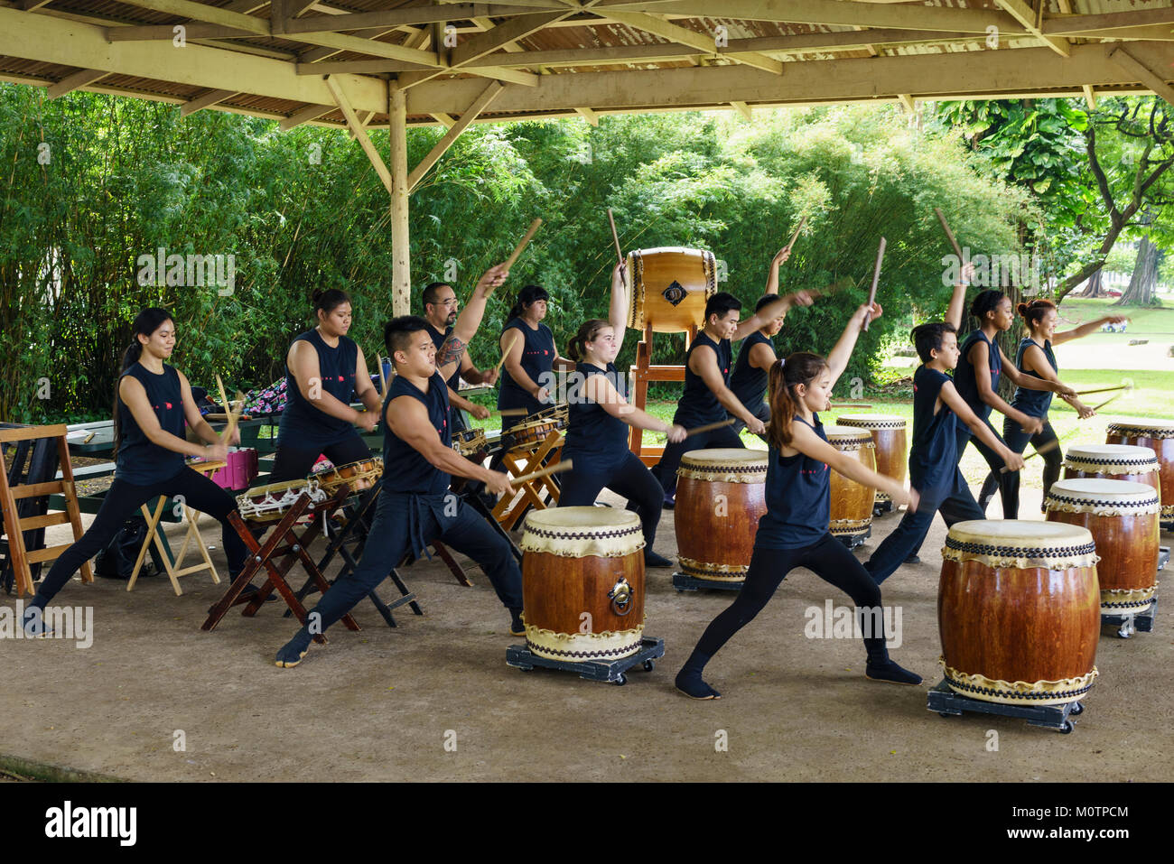 Taiko drummers perform in Lilioukalani Park in Hilo, Hawaii Stock Photo ...
