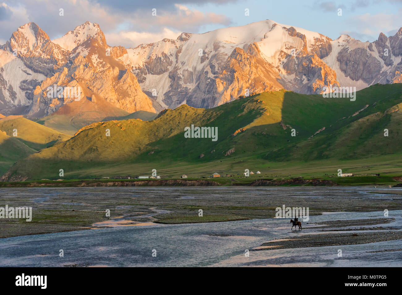 River coming from Köl-Suu mountain range at sunset, Kurumduk valley ...
