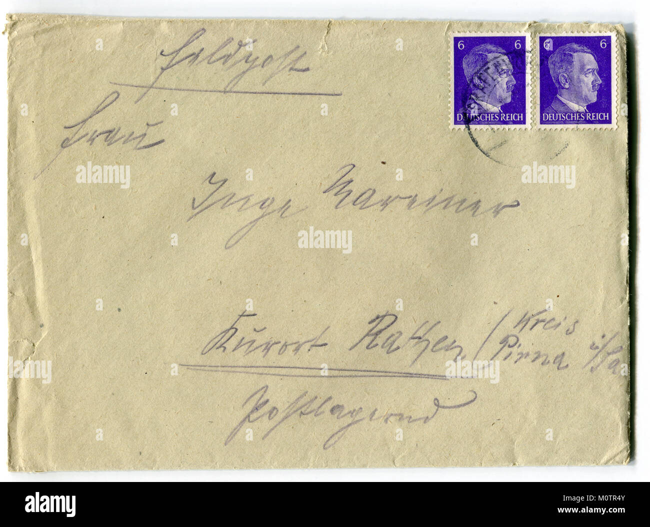 Old German postal envelope with a letter with stamps, postmark, with ...