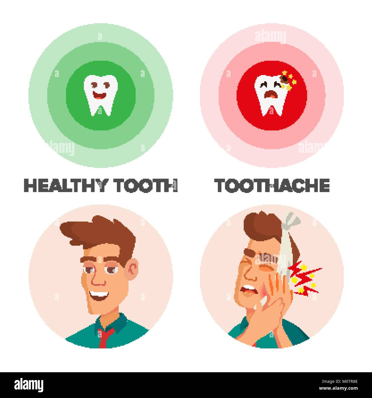 Healthy Tooth And Toothache Vector. Man With Toothache And Bandage ...