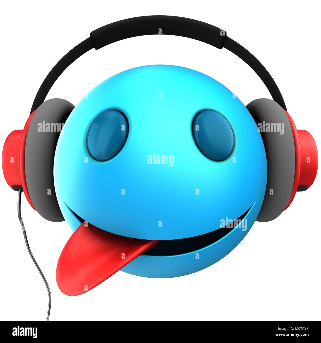 3d illustration of blue emoticon smile with red headphones over white ...