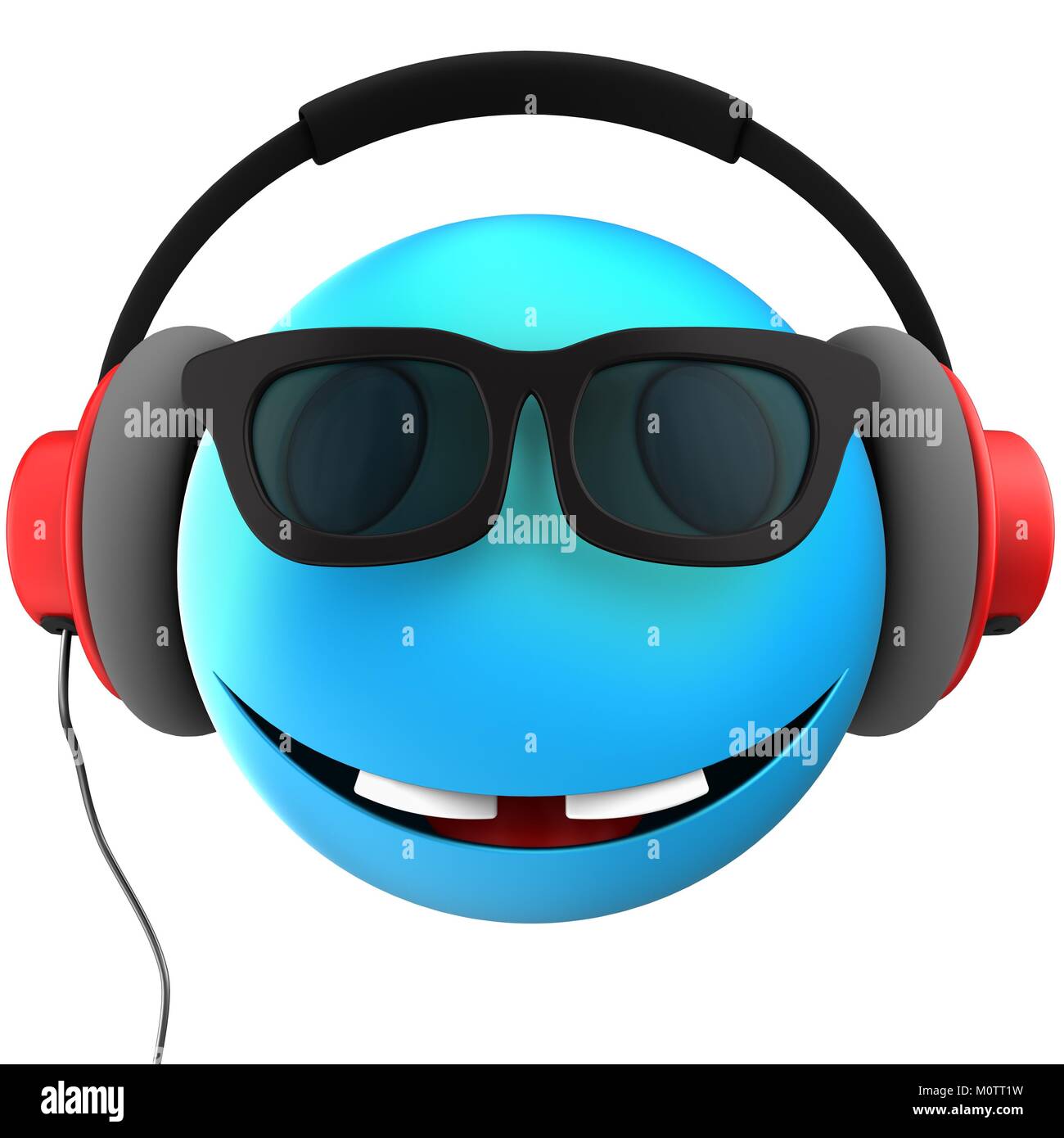 3d illustration of blue emoticon smile with red headphones over white ...