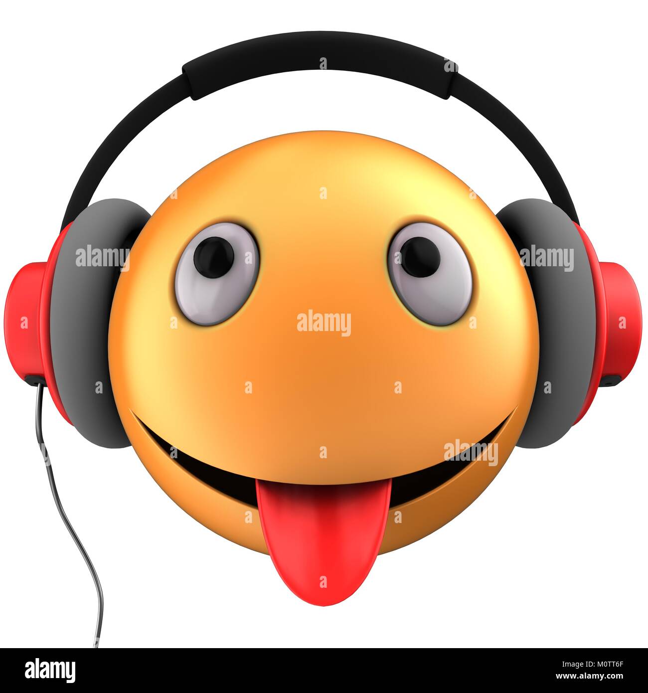 3d illustration of orange emoticon smile with red headphones over white ...