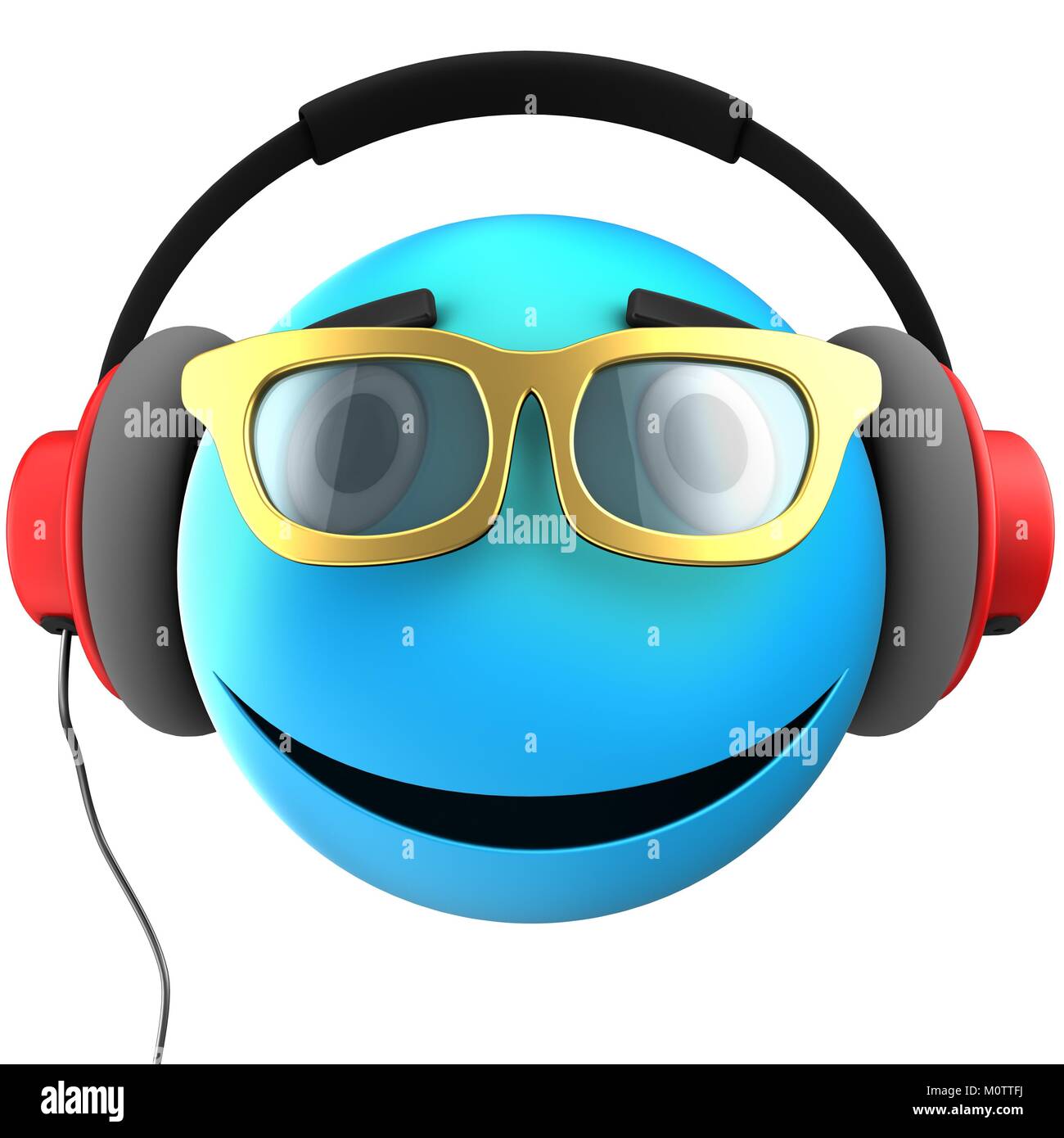 3d illustration of blue emoticon smile with red headphones over white ...