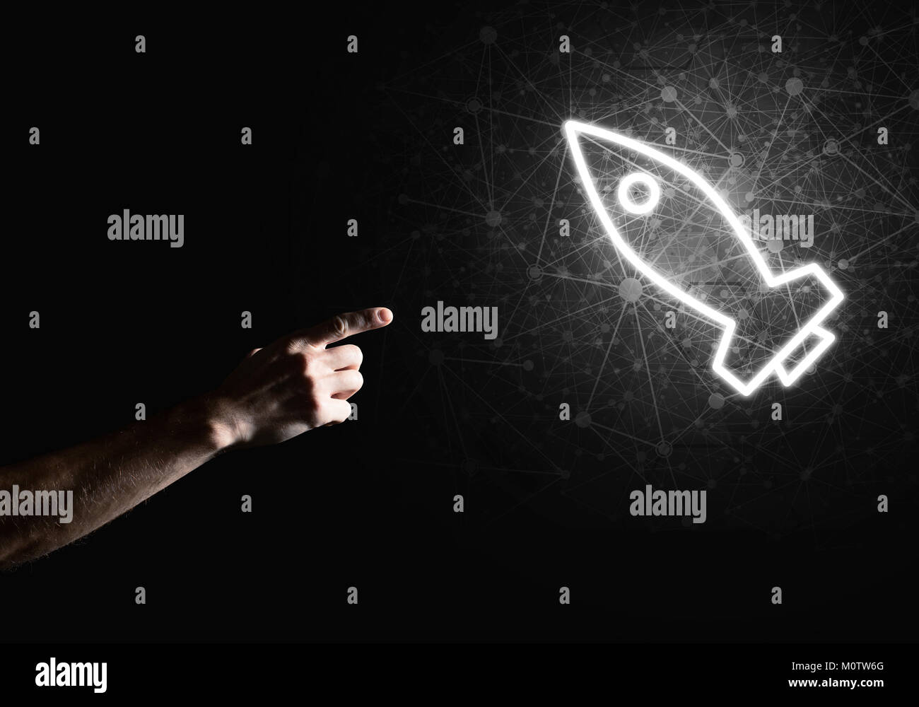 Man palm presenting Rocket web icon as technology concept Stock Photo ...